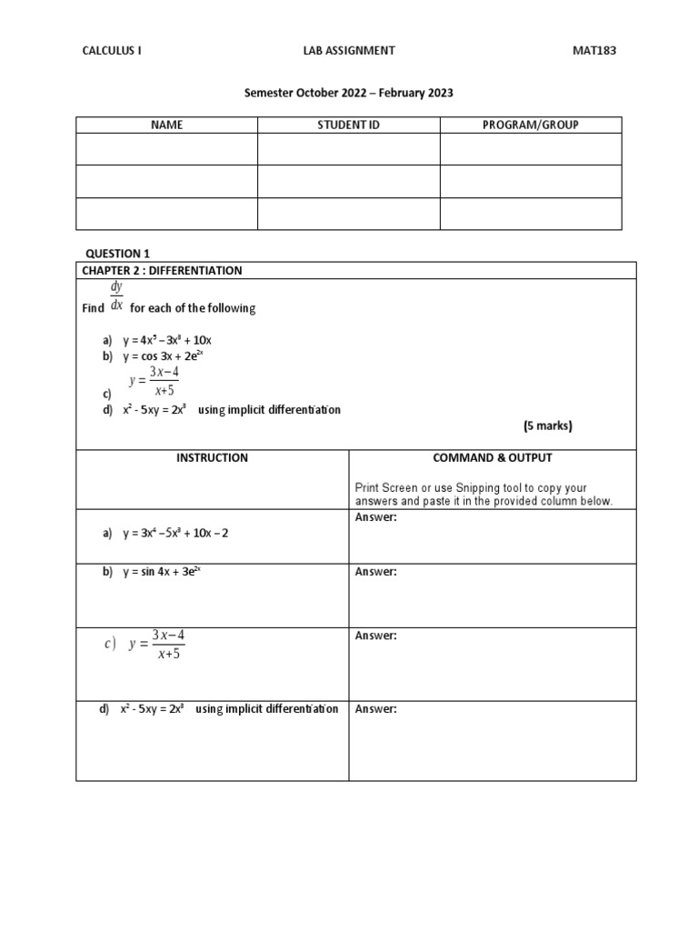 MAT183 LAB ASSESSMENT (Question) - SET B | PDF | Maxima And Minima ...