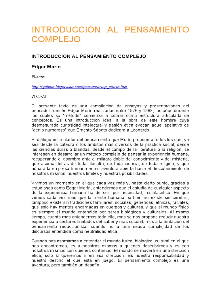 Introducción Al Pensamiento Complejo | PDF | Complejidad | Pensamiento