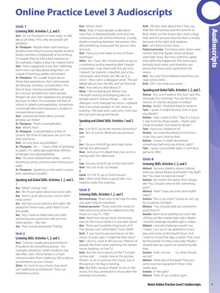 Metro 2e L3 Online Practice Audio and Video Scripts | PDF | Senses | Startup Company