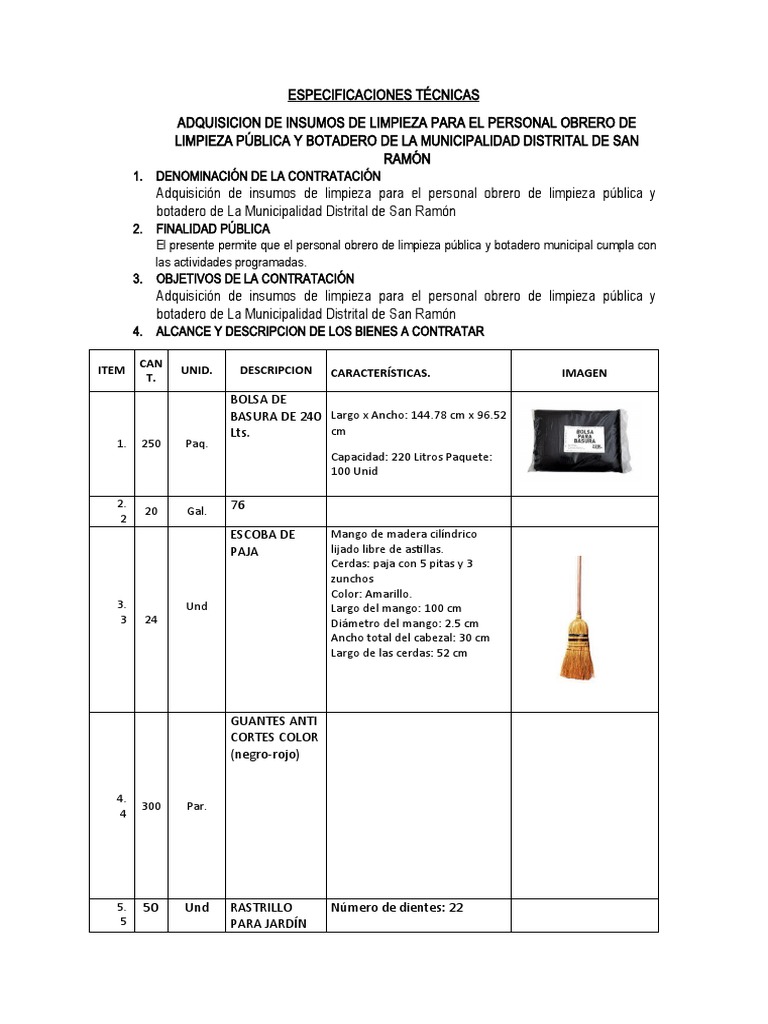 ESPECIFICACIONES TÉCNICAS - Materiales de Limpieza, Escoba, Chafle ...