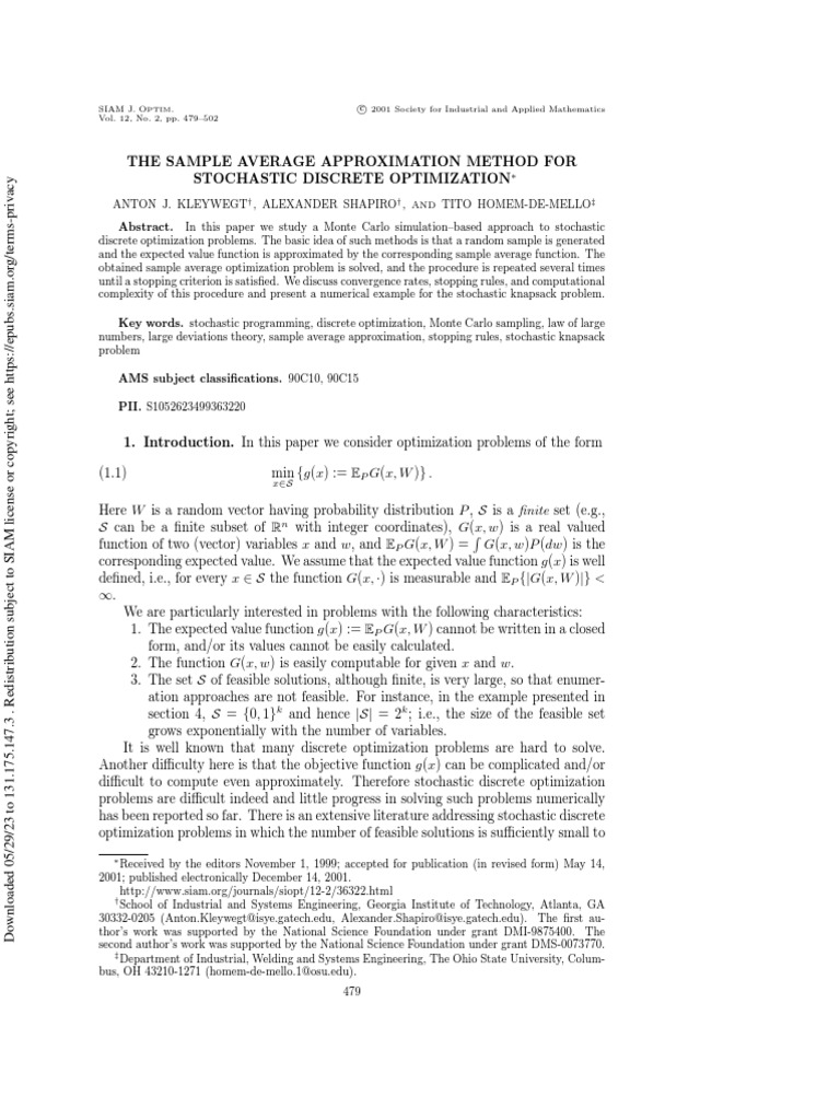 The Sample Average Approximation Method For Stochastic Discrete Optimization Pdf