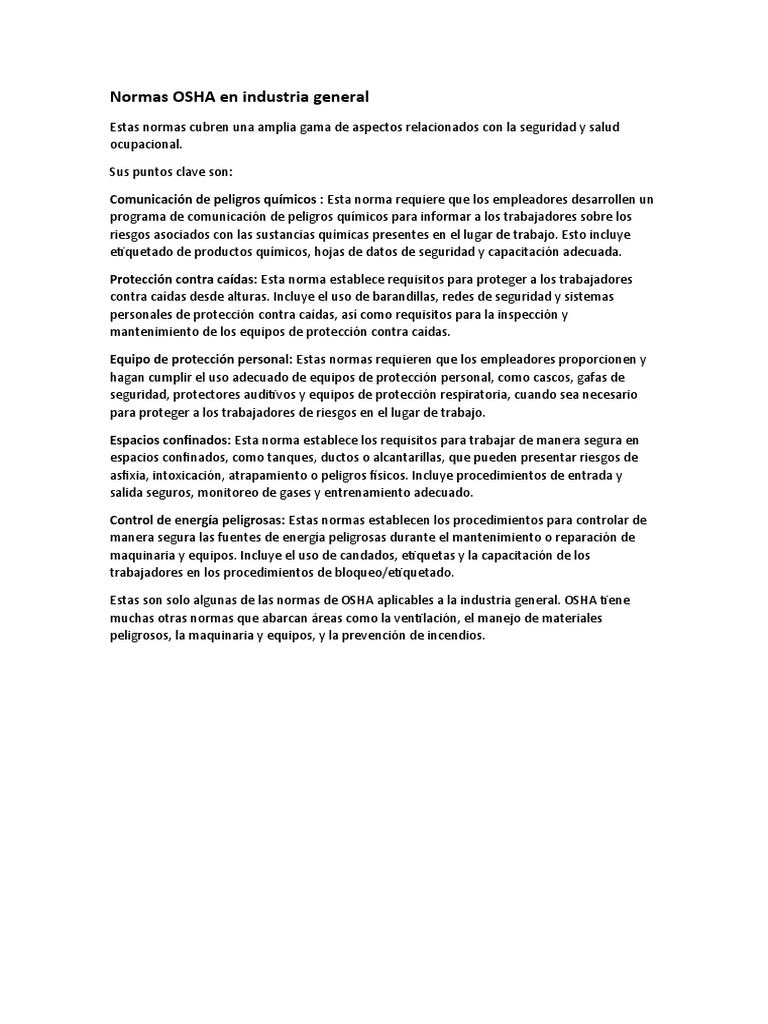 Normas OSHA en Industria General | PDF | Administración de Seguridad y ...