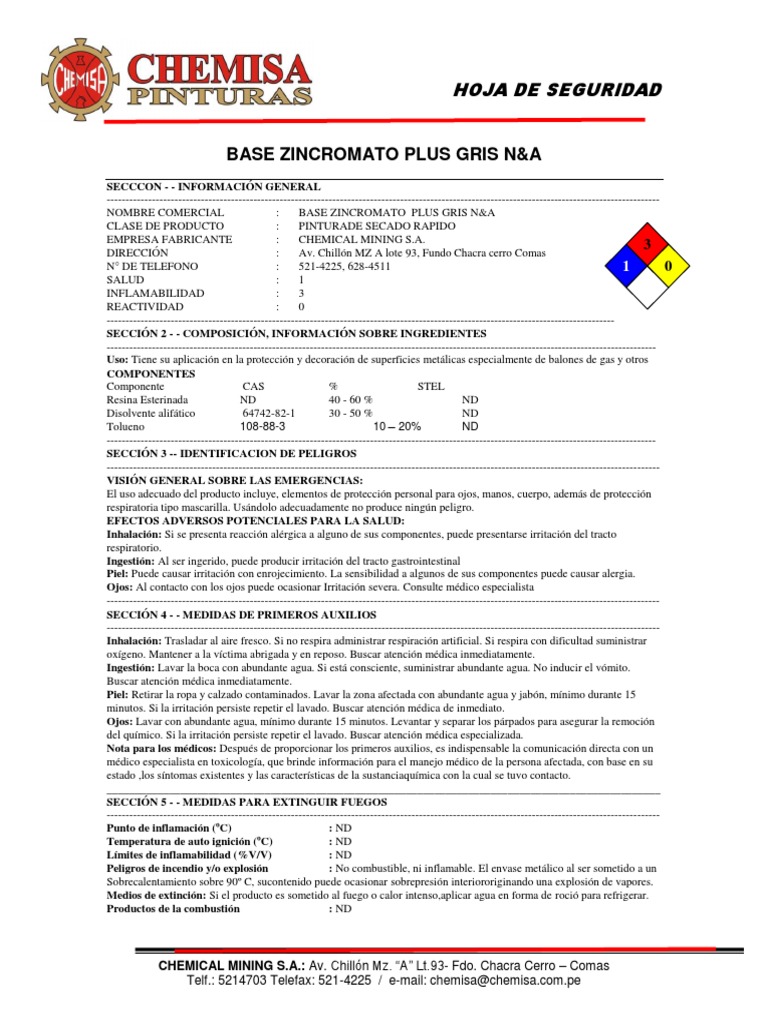 MSDS Base Zincromato Plus Gris Ral 7005 | PDF | Agua | Alergia