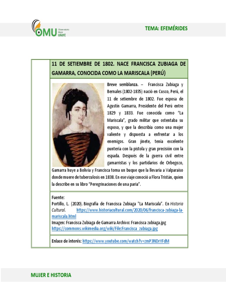 Efemerides 11 de Setiembre de 1802. Nace Francisca Zubiaga de Gamarra ...