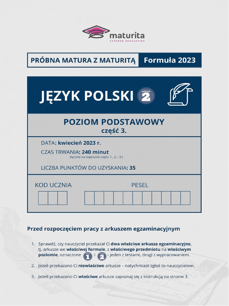 Matura Z Maturita Kwiecien 2023 Jezyk Polski Poziom Podstawowy ARKUSZ 2 ...