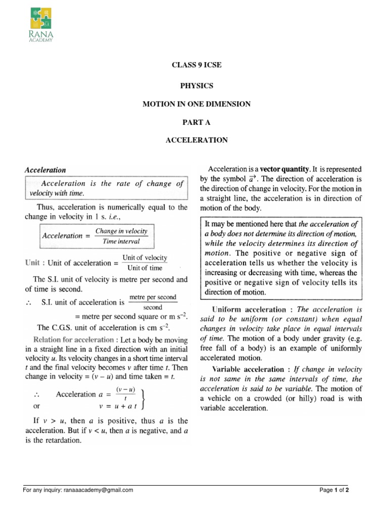Class 9 Icse - Motion in One Dimension - Part A - Acceleration | PDF Class 9 Icse - Motion in One Dimension - Part A - Acceleration | PDF