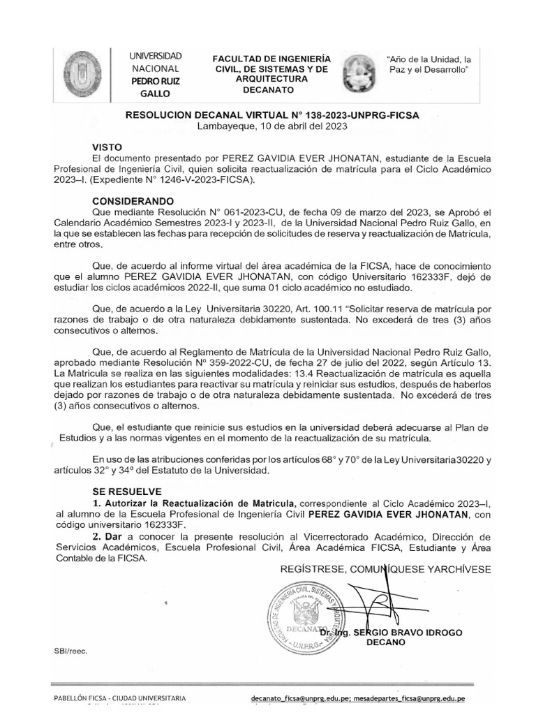 Resolución Decanal Virtual #138-2023-Unprg-Ficsa | PDF