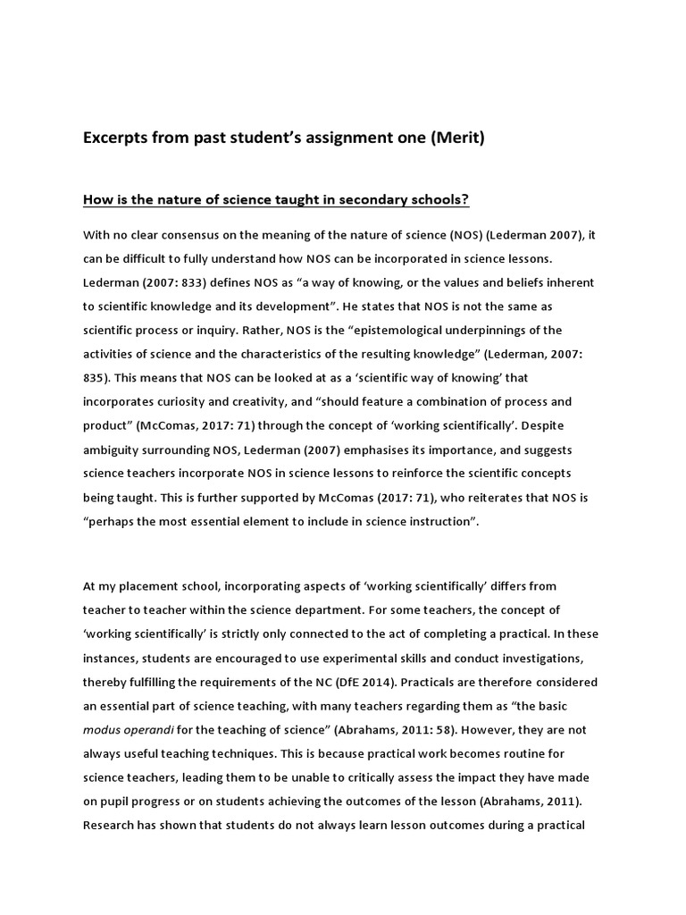 Assignment One Exemplar Excerpts | PDF | Science | Teachers
