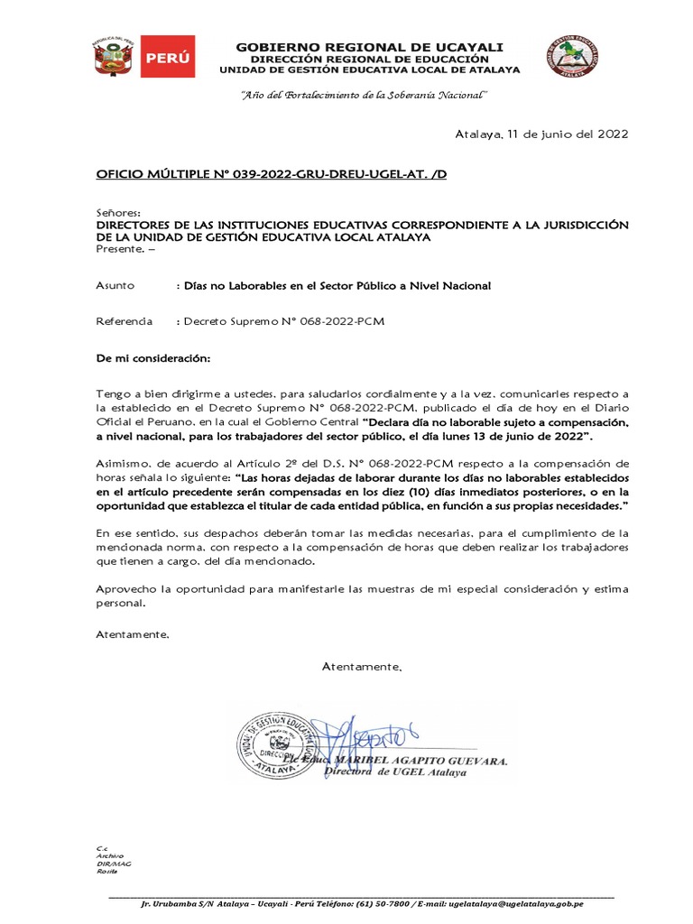 OFICIO MULTIPLE #039-2022-Días No Laborables en El Sector Público A ...