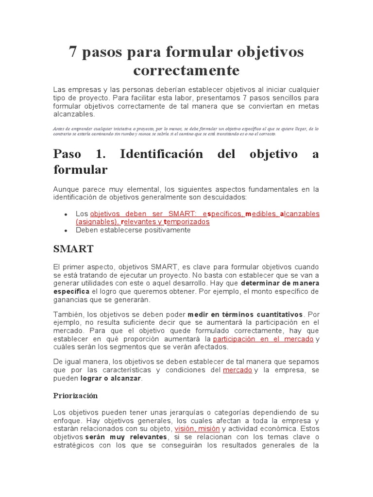 7 Pasos para Formular Objetivos Correctamente | PDF | Mercado (economía)