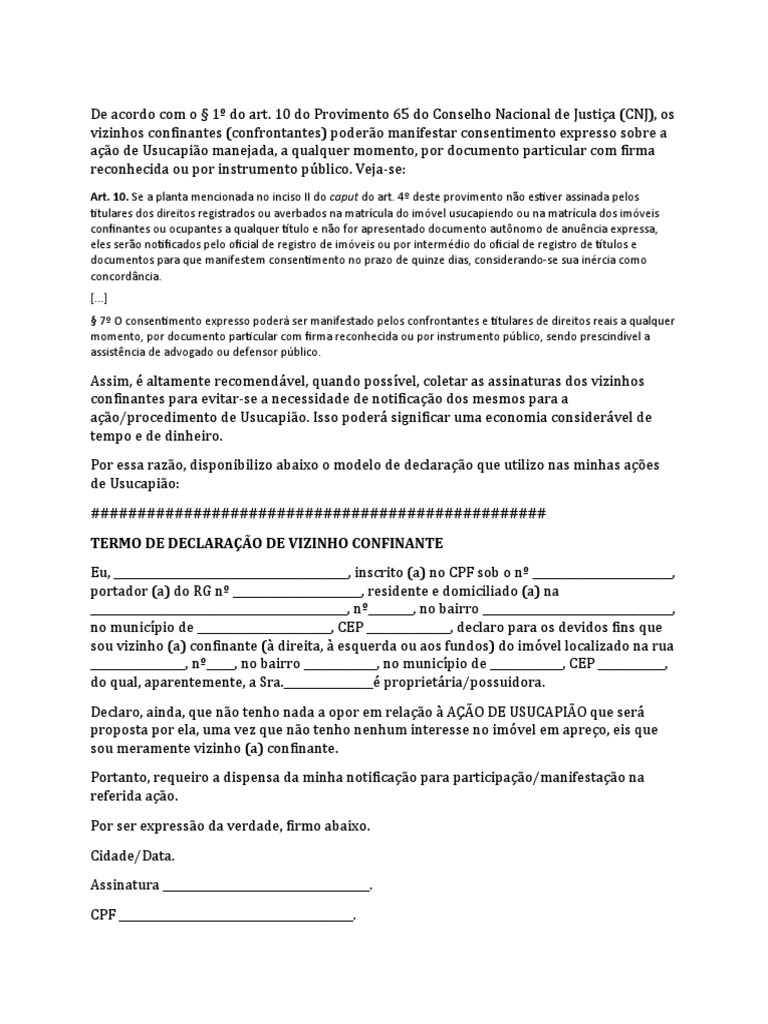 Modelo de Declaração de Vizinhos Confinantes | PDF | Justiça | Crime e ...