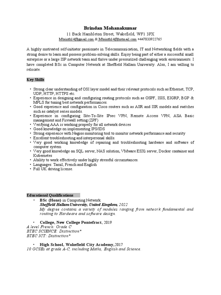 Brinth CV | PDF | Computer Network | Virtual Private Network