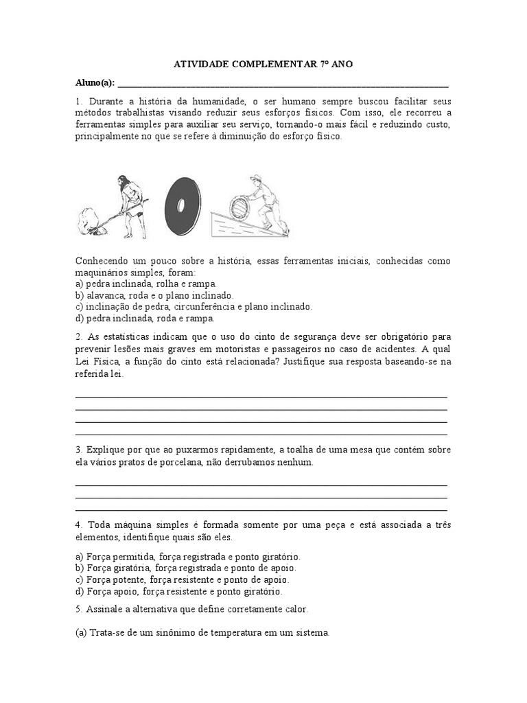ATIVIDADE COMPLEMENTAR 7° Ano | PDF | Calor | Temperatura
