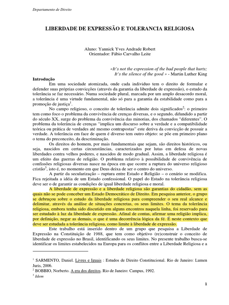 Tolerância Religiosa e Liberdade de Expressão | PDF | Liberdade de ...
