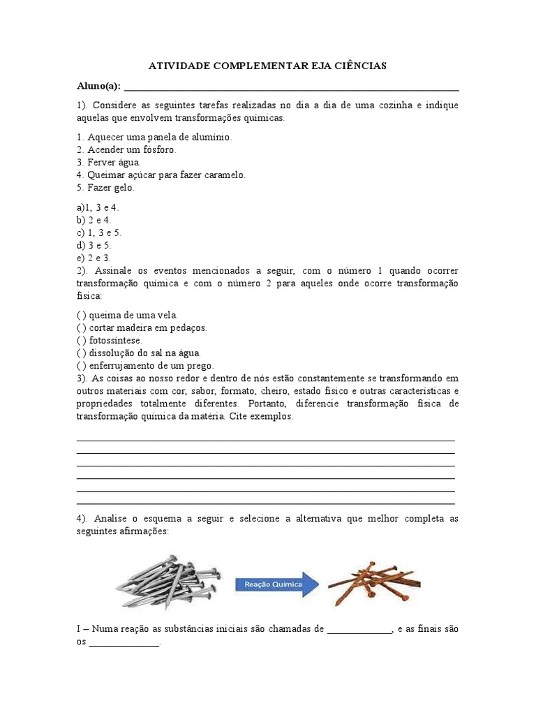 Atividade Complementar Eja Ciências | PDF