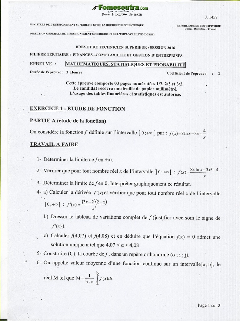 Sujet Mathematiques Statistiques Et Probabilite Bts | PDF