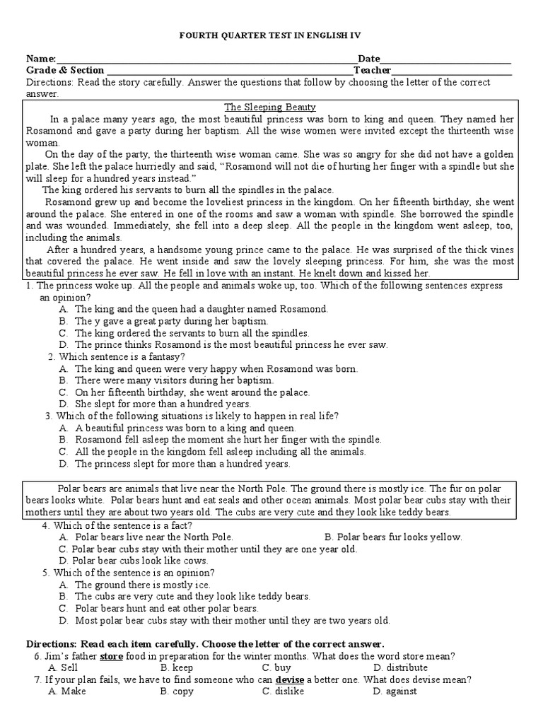PT - English 4 - Q4 V1 | PDF | Noun | Plural