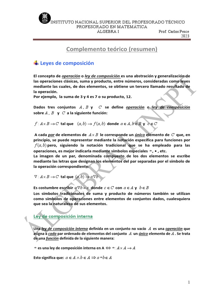 Leyes de Composición - Complemento Teórico | PDF | Grupo (Matemáticas) | Conjunto (Matemáticas)