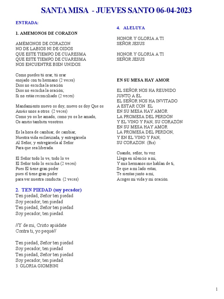 06-04-2023 - CANTOS SANTA MISA-Jueves Santo 2023 | PDF | Oración | Misa (liturgia)