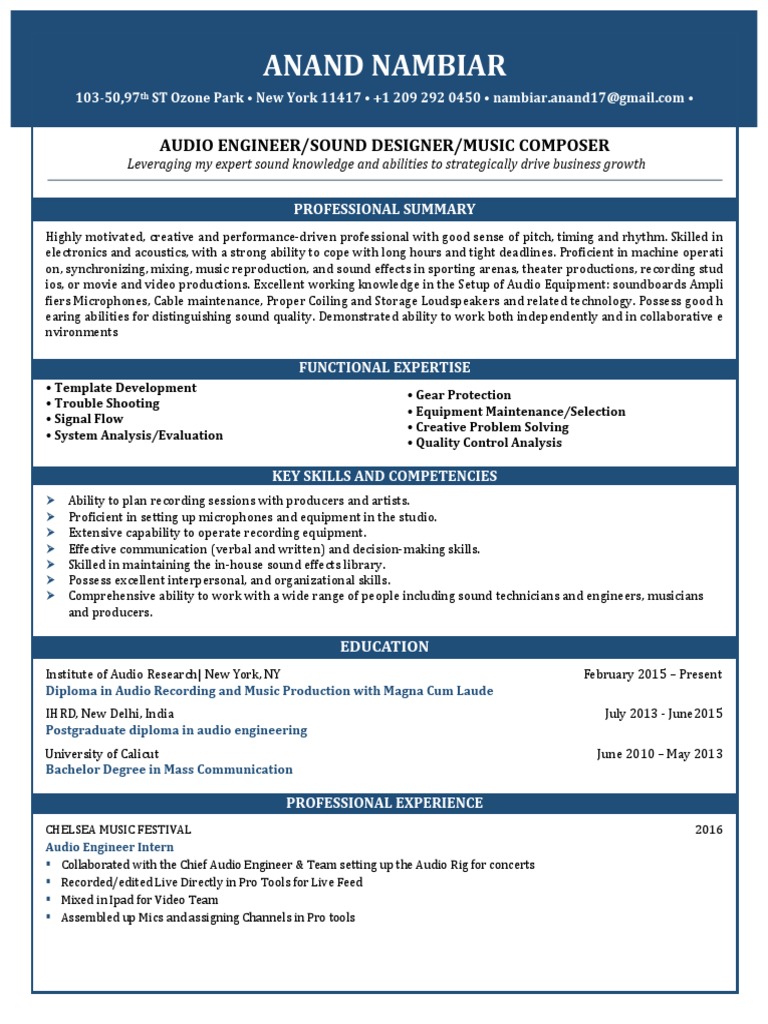 Resume Anand Nambiar | PDF | Audio Engineer | Sound Recording And ...
