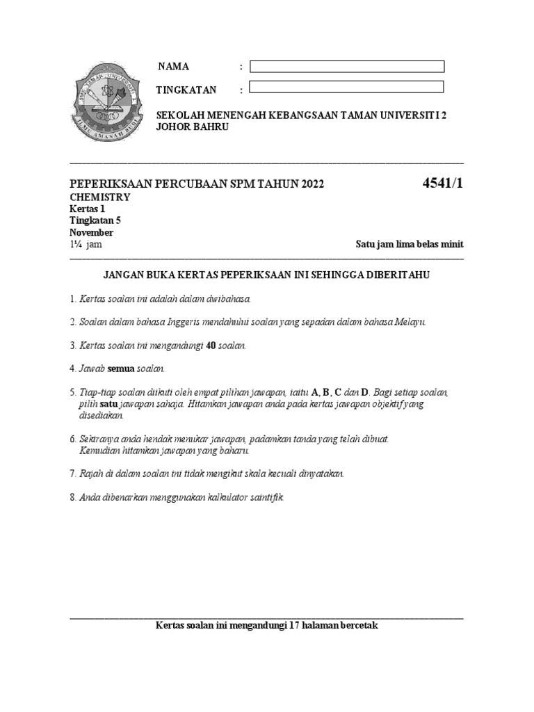 PPC Kimia Tingkatan 5 Kertas 1 | PDF