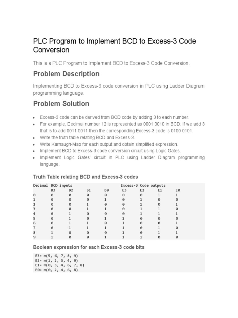 BCD to Excess-3 Code Conversion PLC | PDF | Binary Coded Decimal | Logic