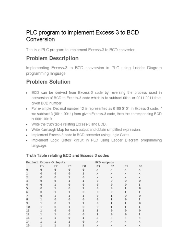 8 PLC Program To Implement Excess | PDF | Binary Coded Decimal | Mathematical Logic