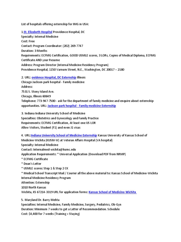 List of Hospitals Offering Externship | PDF | Residency (Medicine ...