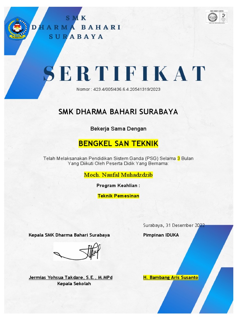 Format Sertifikat PKL 2022 - 2023 | PDF