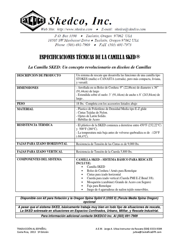 Especificaciones Técnicas de La Camilla Sked® | PDF | Ingeniería de ...