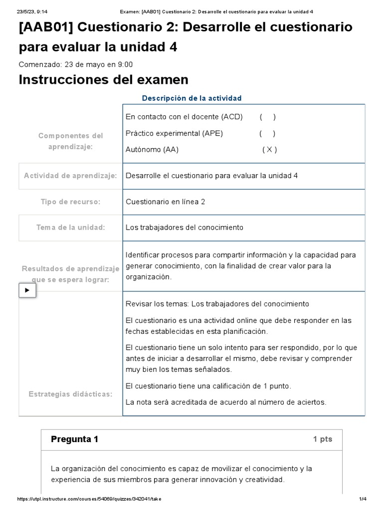 Examen - (AAB01) Cuestionario 2 - Desarrolle El Cuestionario para Evaluar La Unidad 4 | PDF ...