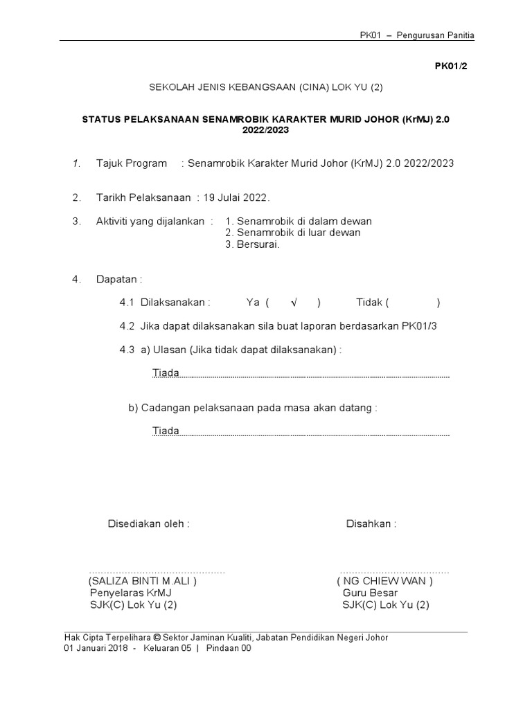 Laporan Senamrobik KrMJ 2.0 2022/2023 | PDF