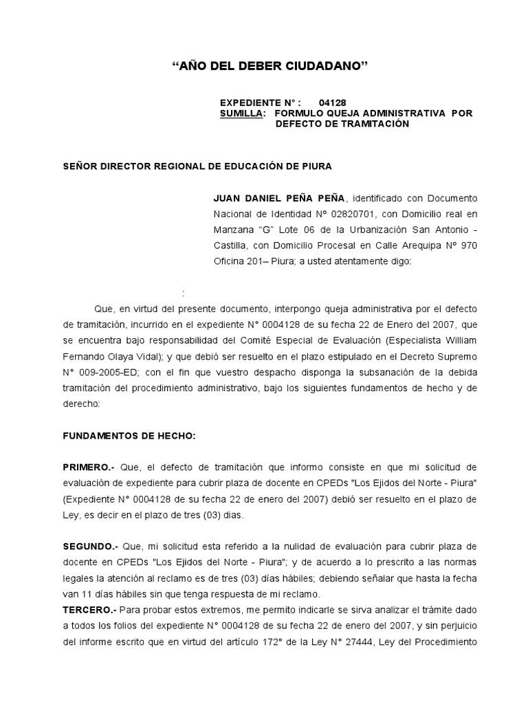 Interpone Recurso de Queja Por Defecto de Tramitación - Peña Peña | PDF | Gobierno | Justicia