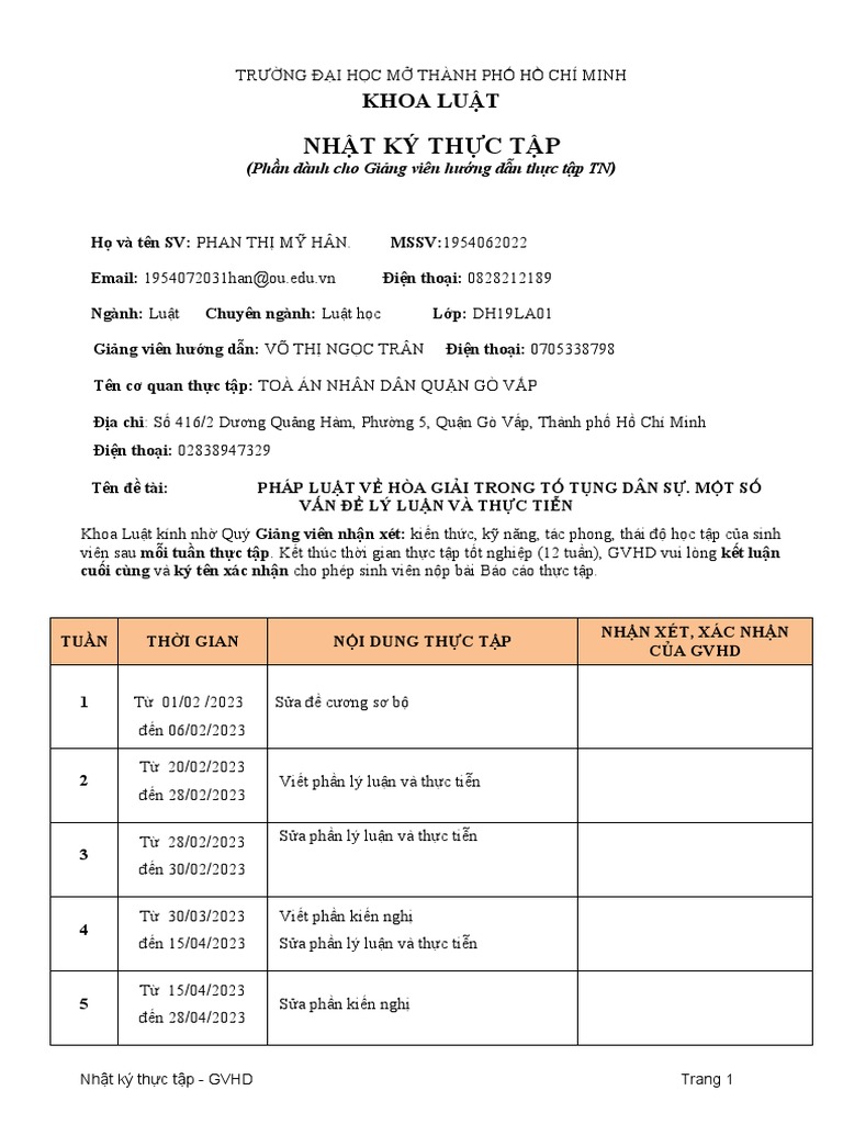 Nhat Ki Thuc Tap GVHH | PDF