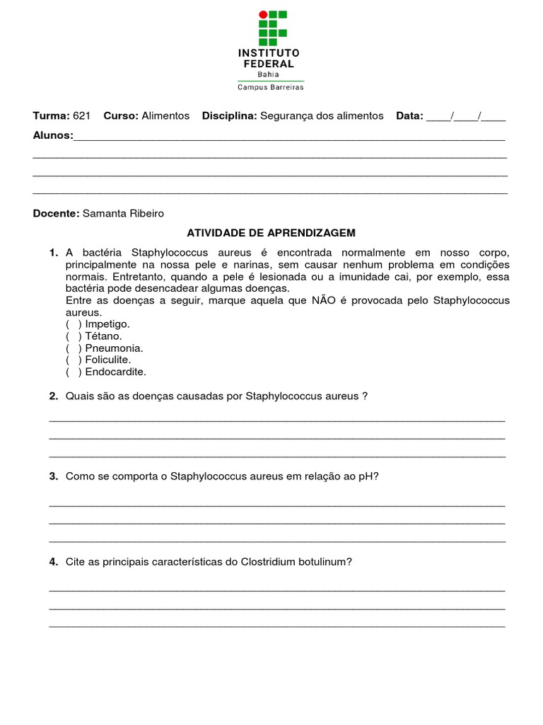 Seg. Alim. Catilha. Ativ. | PDF | Estafilococo | Epidemiologia