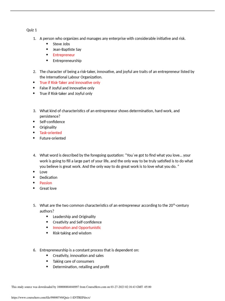 Quiz 1 ENTREP | PDF | Entrepreneurship | Economies