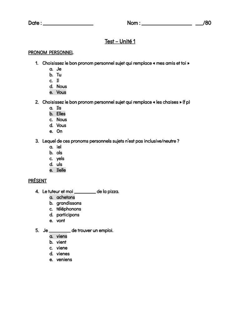 Test sur les pronoms et verbes français | PDF | Échecs | Linguistique