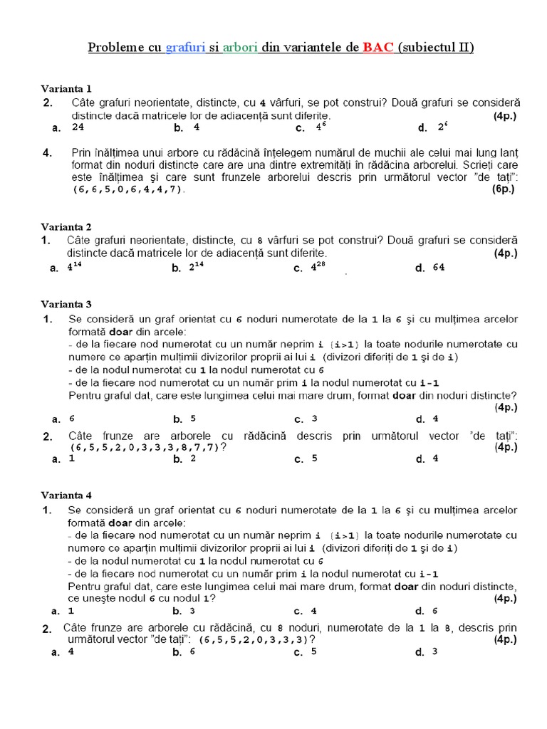 Probleme Cu Grafuri Si Arbori Din Variantele de BAC | PDF