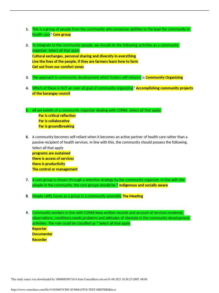 CHN Summative Test Midterm | PDF | Community | Empowerment