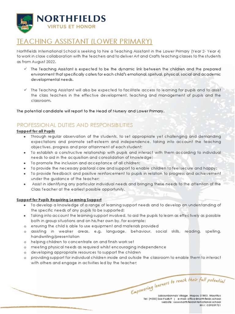 Lower Primary Teaching Assistant Job | PDF | Teachers | Learning