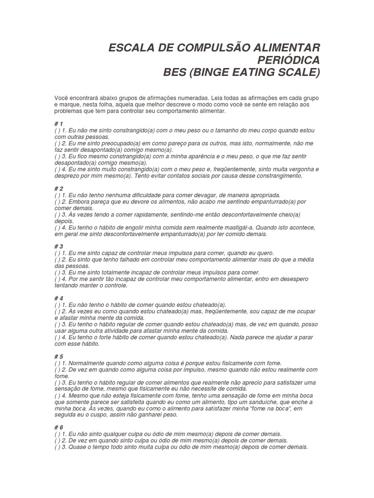 Escala de Compulsão Alimentar Periódica - Binge | PDF | Fome ...