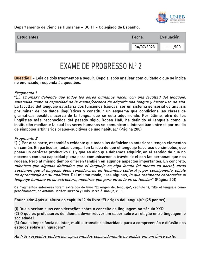 Examen de Progreso 2 - Prática 1 - 2023.1 | Descargar gratis PDF | Lingüística | Los símbolos