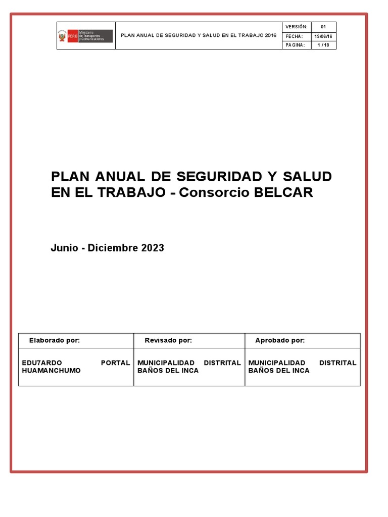 Plan Anual de Seguridad y Salud en El Trabajo - CORSORCIO BELCAR | PDF | Seguridad y salud ...