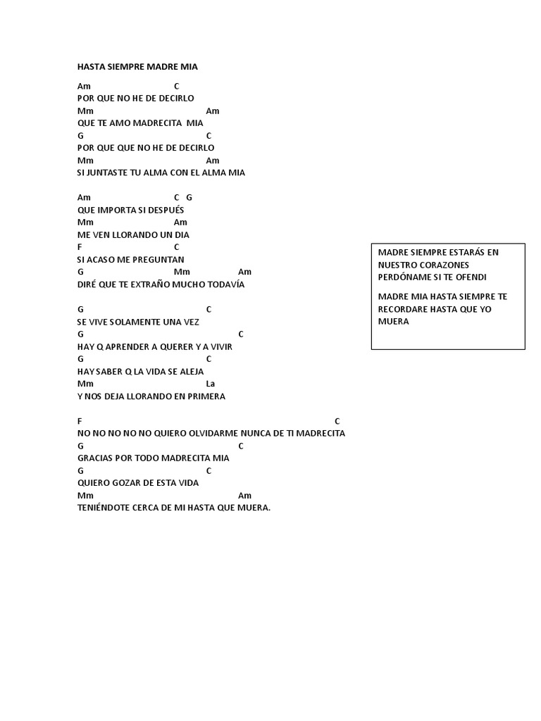 HASTA SIEMPRE MADRE MIA BOLERO | PDF