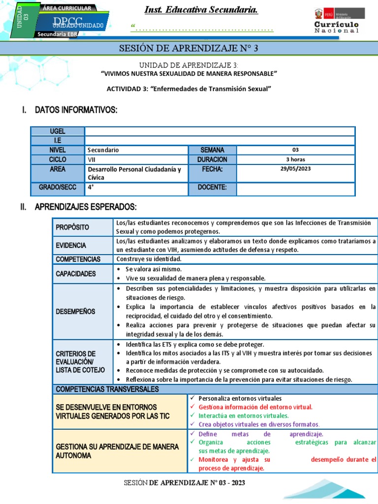 4º Dpcc- Ses 3 Uni 3 - Sem 03 | PDF | Infección transmitida sexualmente | Aprendizaje