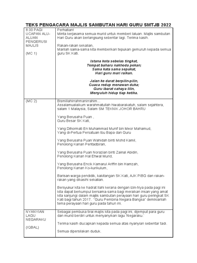 Teks Pengacara Majlis Sambutan Hari Guru Smtjb 2022 | PDF