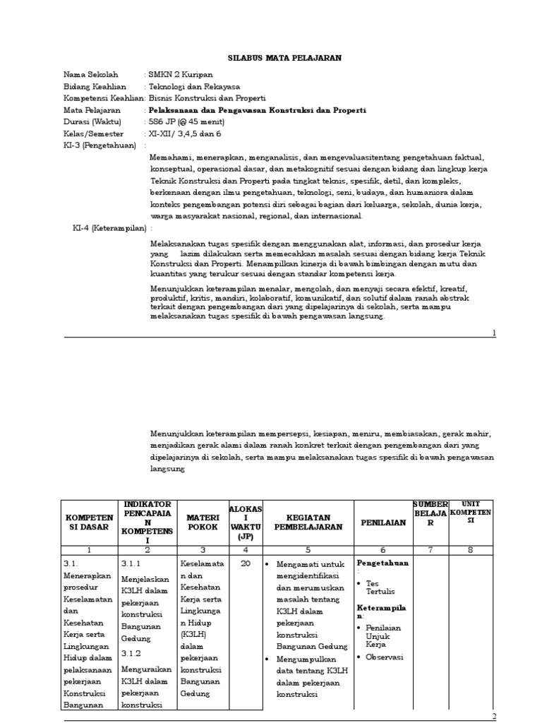 Silabus Konstruksi SMKN 2 Kuripan | PDF