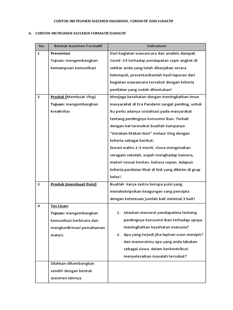 Contoh Bentuk Instrumen Asesmen Formatif, Sumatif, Diagnostik | PDF