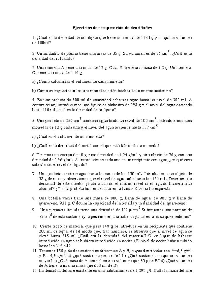 Ejercicios sobre Densidades y Volumen | PDF | Densidad | Agua