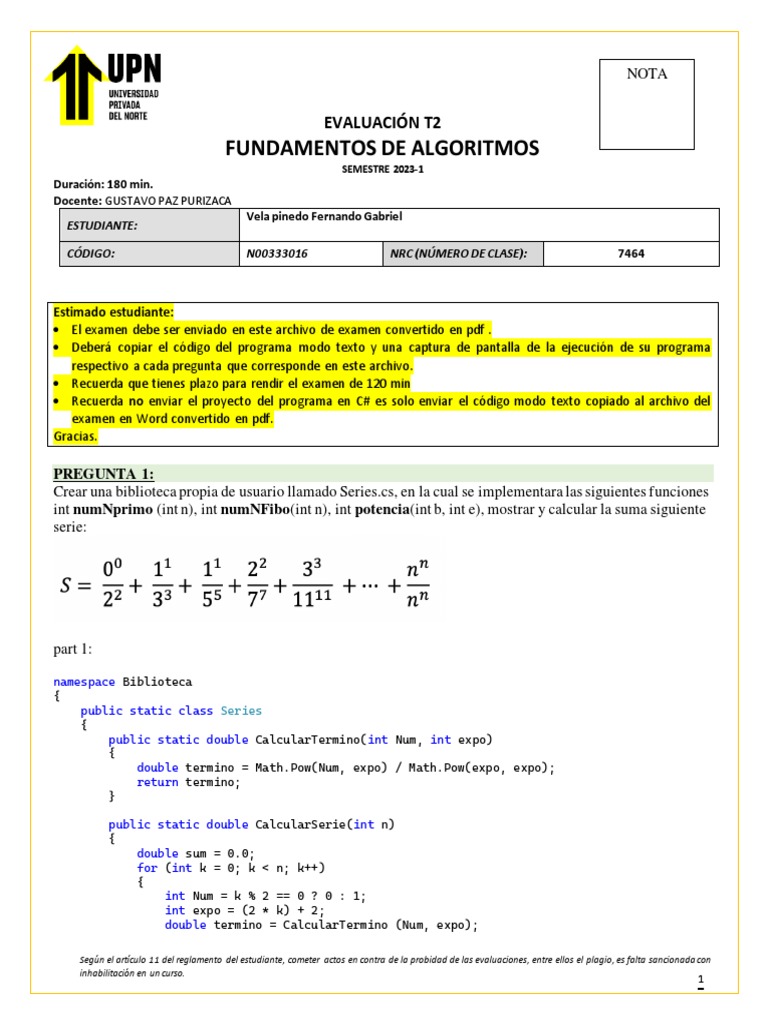 Examen T2 | PDF | C Sharp (lenguaje de programación) | Notación
